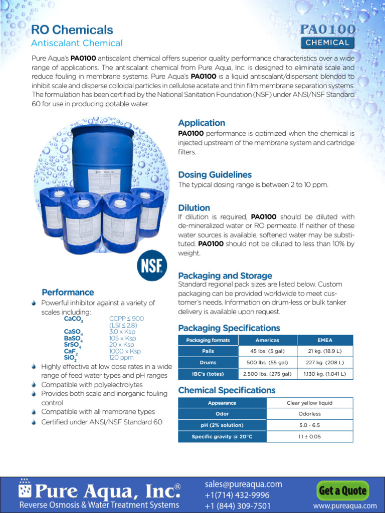 PA0100 Antiscalant for RO Systems | PDF | Membrane | Materials