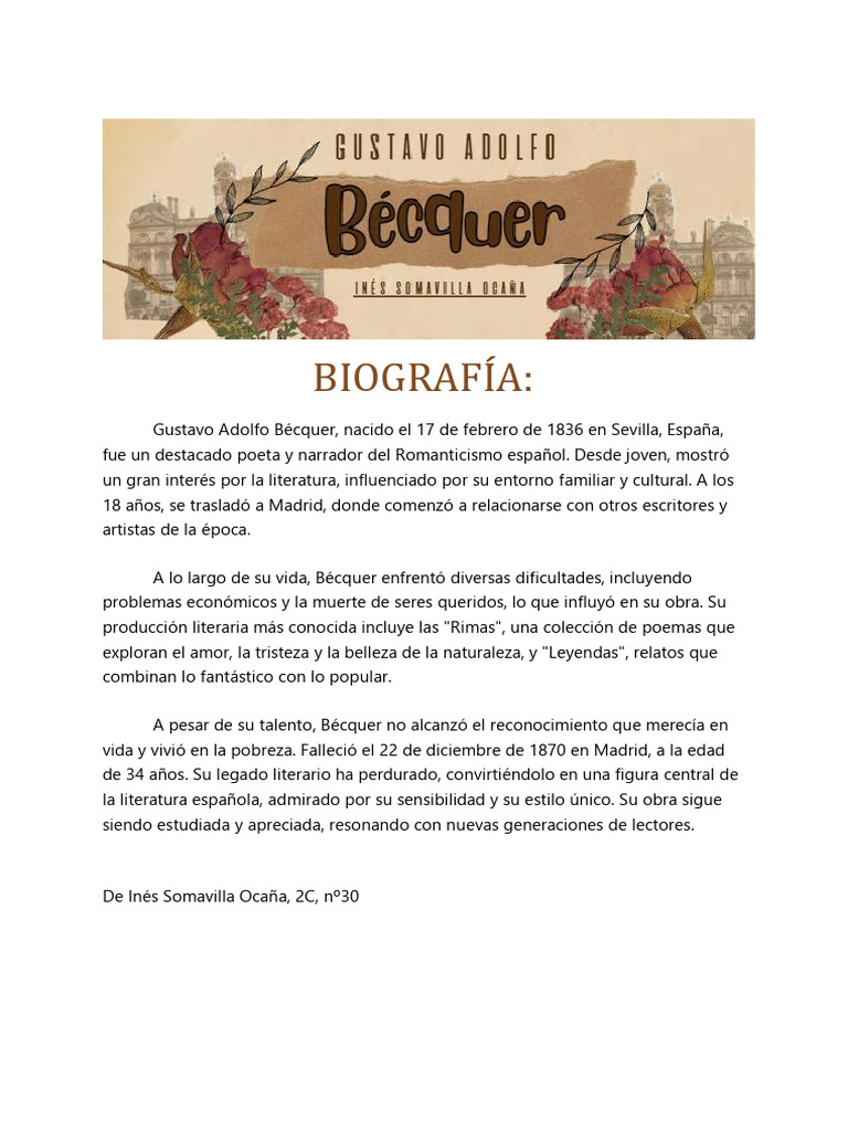 Biografía Gustavo Adolfo Bécquer | PDF