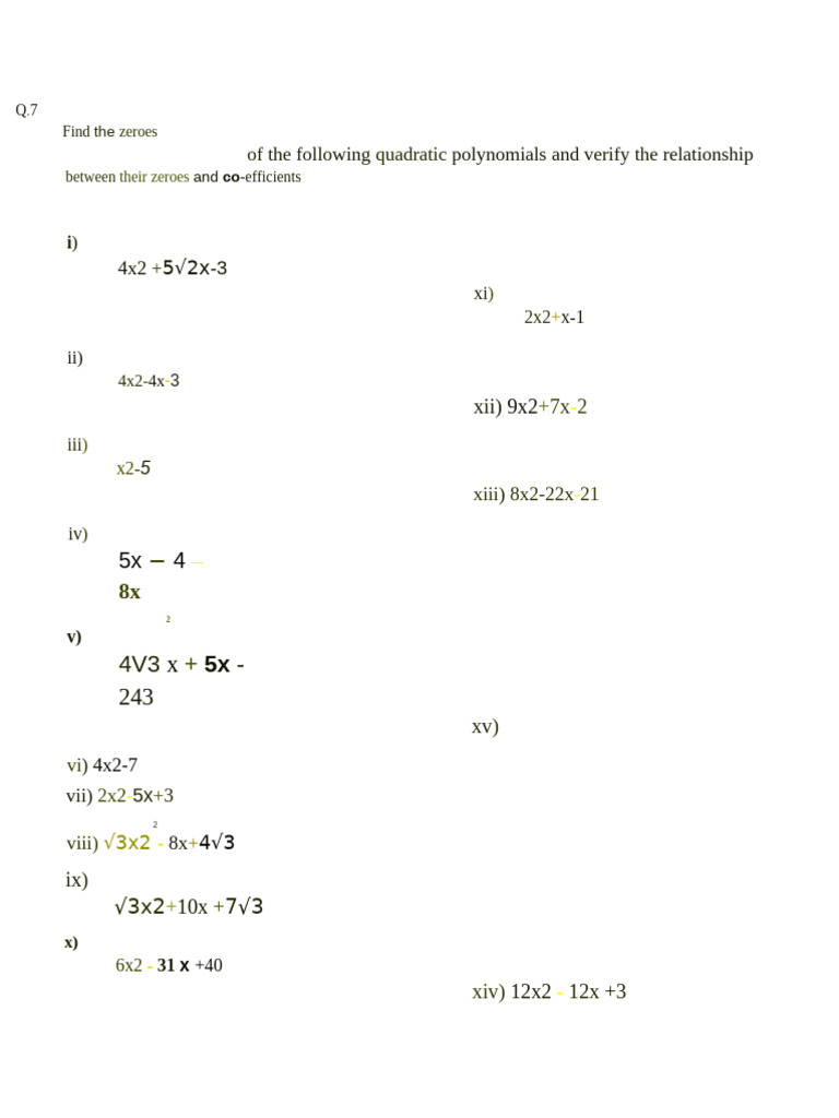 Class10 Polynomials Assignment | PDF | Polynomial | Computational Science