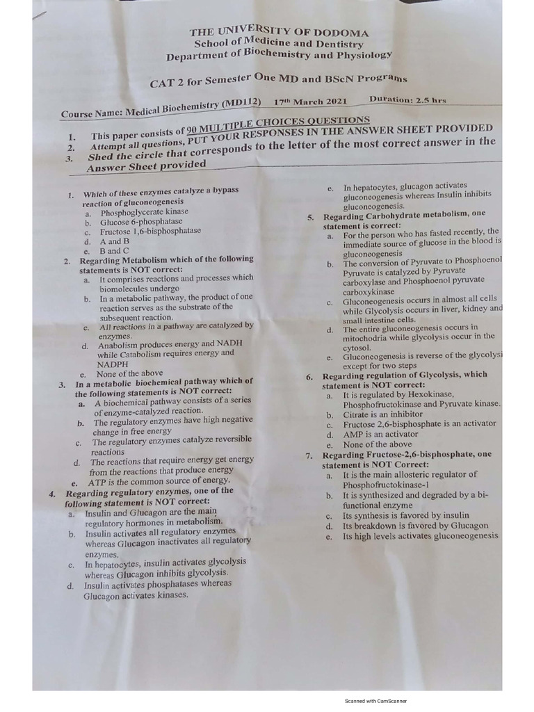 Biochemistry Cat 2 2021.udom | PDF