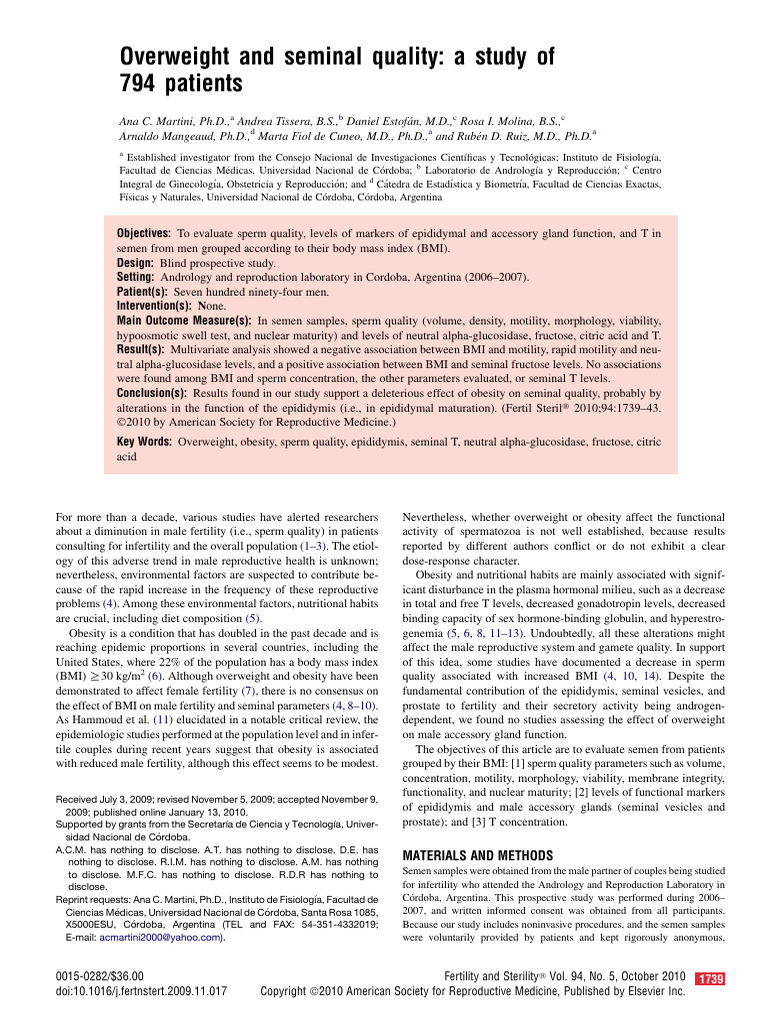 Overweight and Seminal Quality A Study of 794 Patients | PDF ...