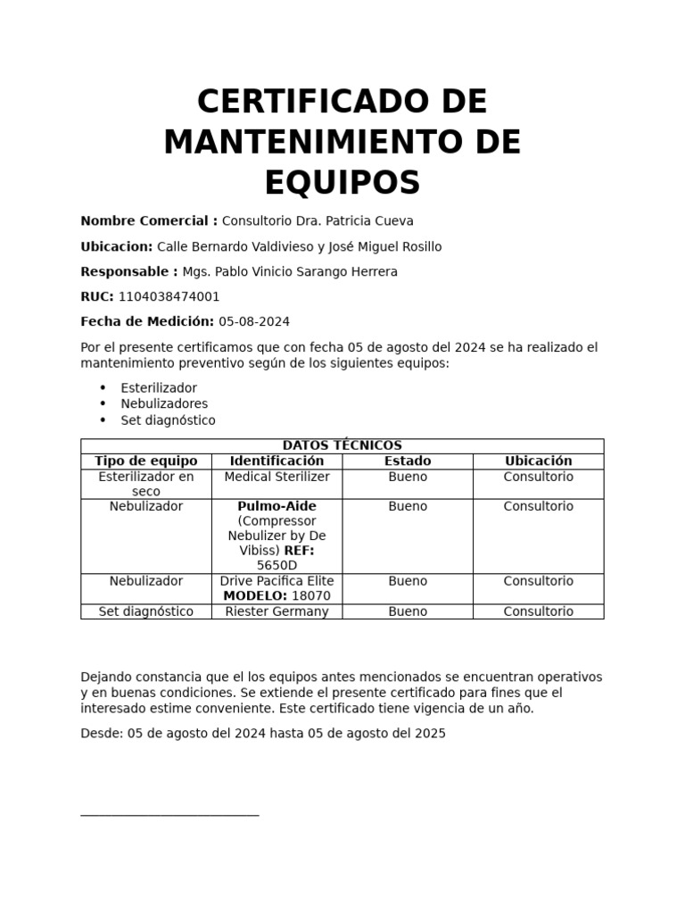Certificado de Mantenimiento de Equipos | PDF