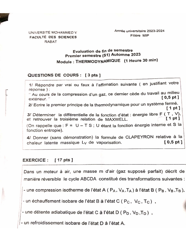 Examens Du Thermodynamique S1 MIP - SMIA - SMPC NORMAL 2023-2024 | PDF