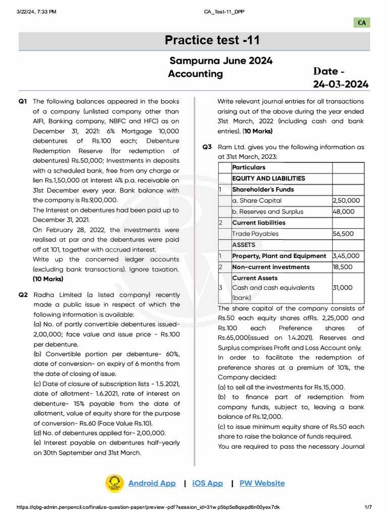 Practice Test 11 - Accounting (Subjective) (Solutions) | PDF | Banks ...