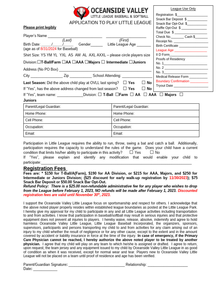 OVLL Little League Registration Form | PDF | Fundraising | Private Law