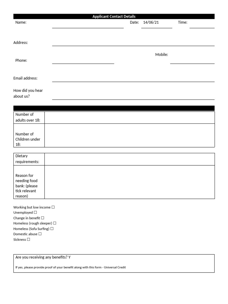 Blank Food Bank Application Form | PDF