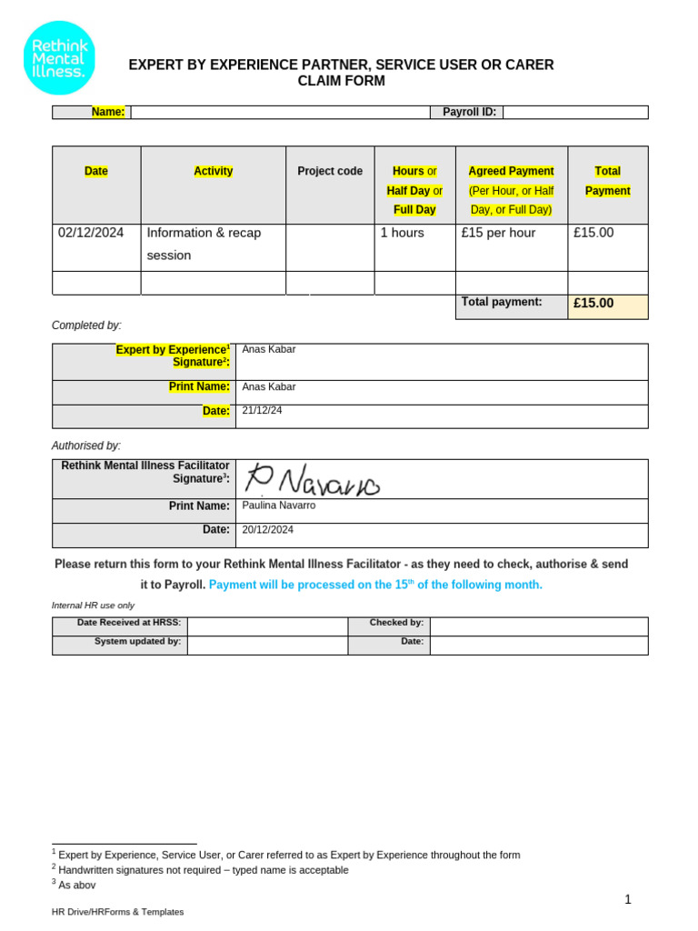 Claim Form - Expert by Experience (Lloyds Info Session) | PDF