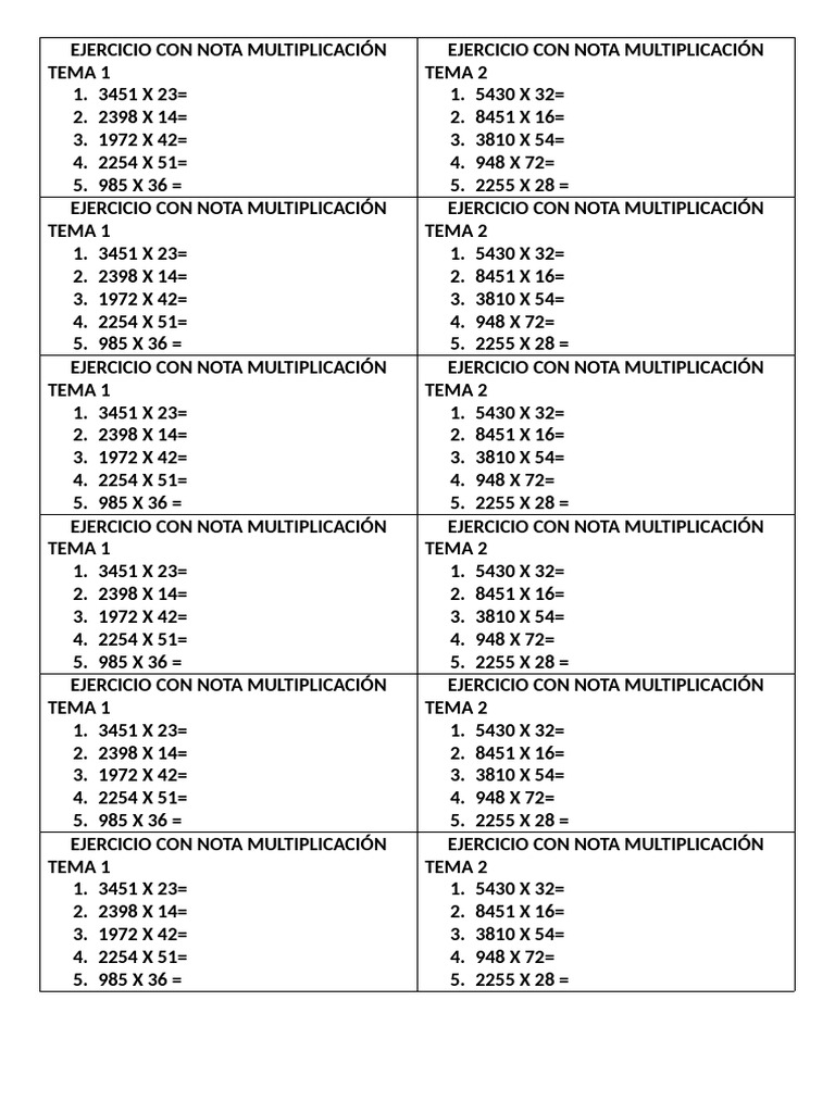 Ejercicio Con Nota Multiplicación | PDF