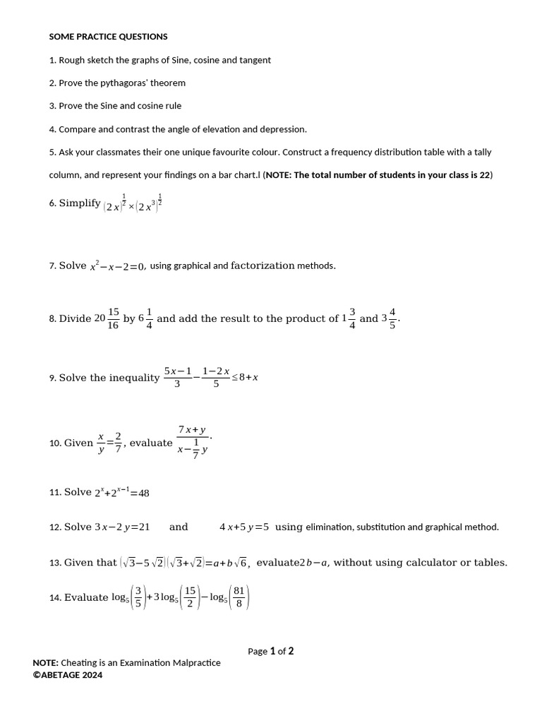 SOMR PRACTICE QUESTIONS FOR SSS 3 | PDF | Trigonometric Functions ...