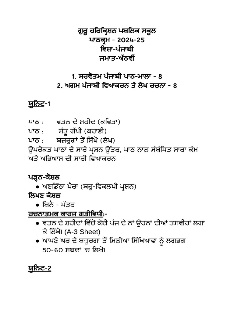 Class VIII Punjabi Syllabus 2024-2025 | PDF