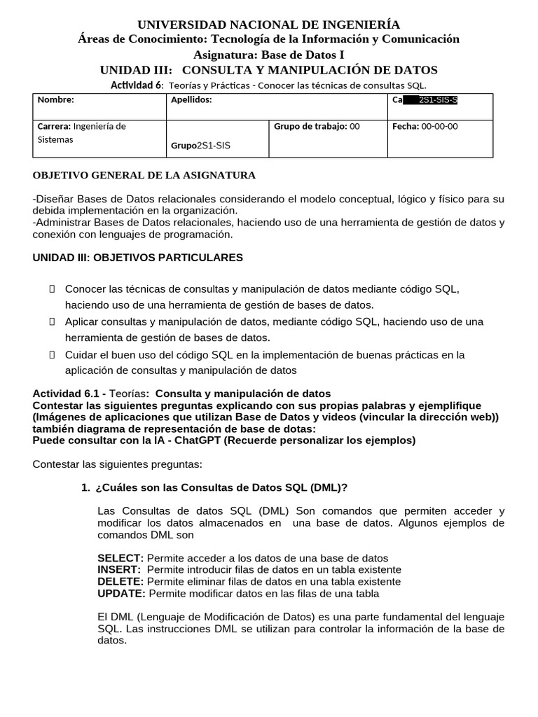 BD-Actividad 6 Unidad 3- Teoría - | PDF | SQL | Bases de datos