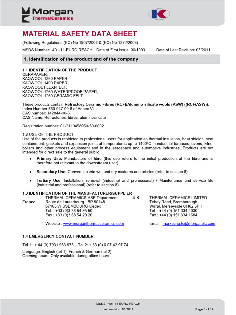 2203 - MSDS Kaowool 1260 Paper ENG | PDF | Dangerous Goods | Toxicity