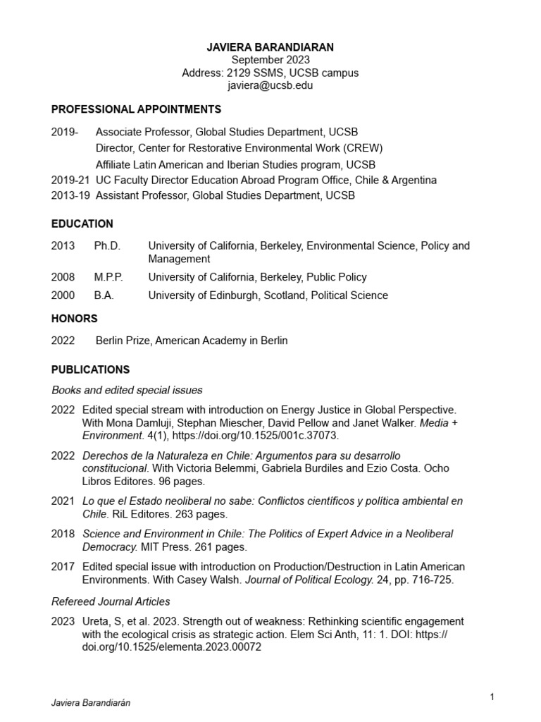 Javiera Barandiarán: UCSB Global Studies Professor | PDF | Chile ...