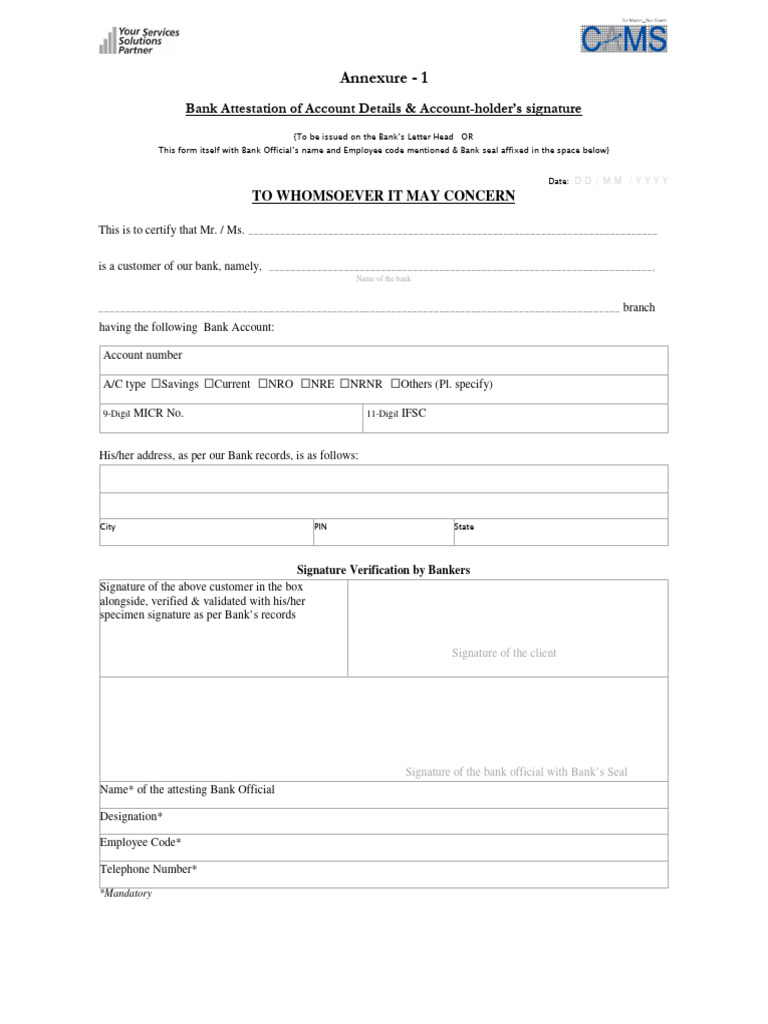 Bank Attestation Form Annexure 1 | PDF
