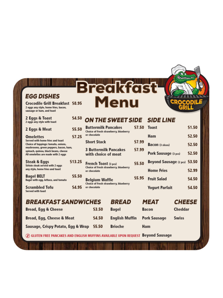 Crocodile Grill Breakfast Menu v2 | PDF | Pancake | Sausage