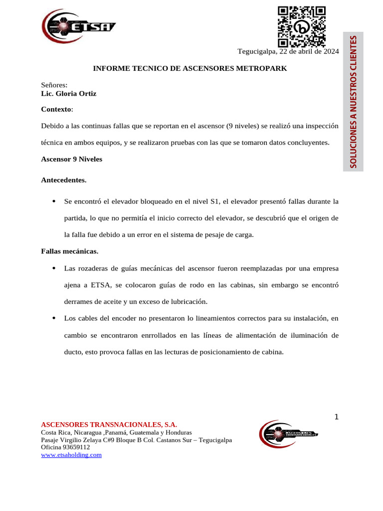 (Primer Avance) INFORME TECNICO DE ASCENSORES METROPARK | PDF | Ascensor