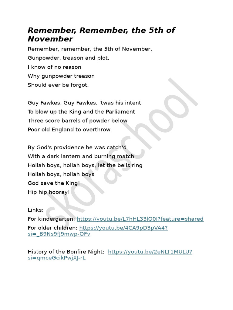Remeber Remeber The 5th of November Gunpoder Plot Poem+ Yt | PDF