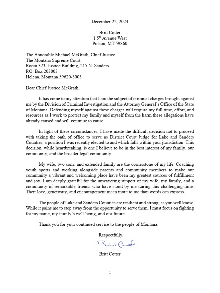 Cotter Resignation Letter To Chief Justice McGrath | PDF