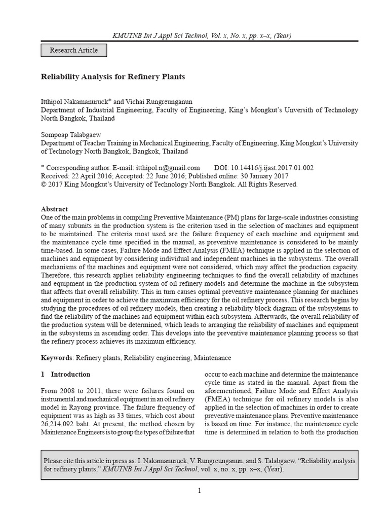 Reliability Analysis for Refinery Plants | PDF | Reliability ...