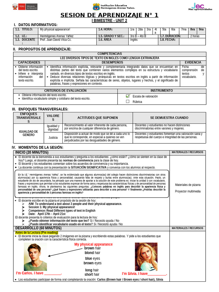SESION DE APRENDIZAJE N°1 - 2023 - CICLO VII - UNIT 2 | PDF | Ciencia cognitiva | Comunicación ...
