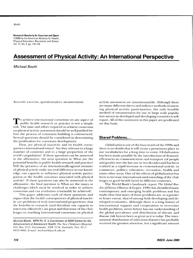 2000 Assessment of Physical Activity - An International Perspective | PDF