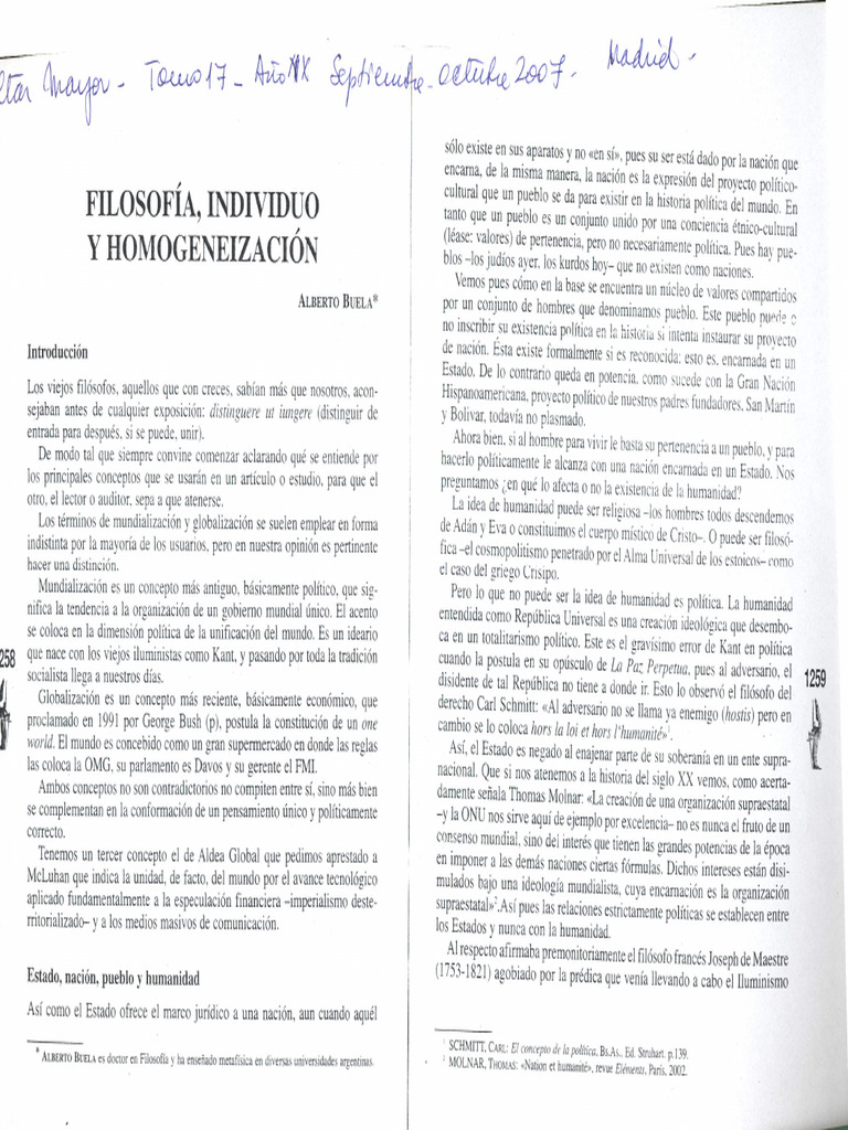 Filosofía Individuo y Homogenizació - Alberto Buela | PDF