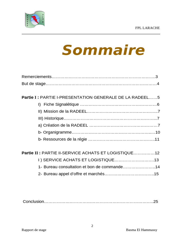 Rapport de stage à la RADEEL Larache | PDF