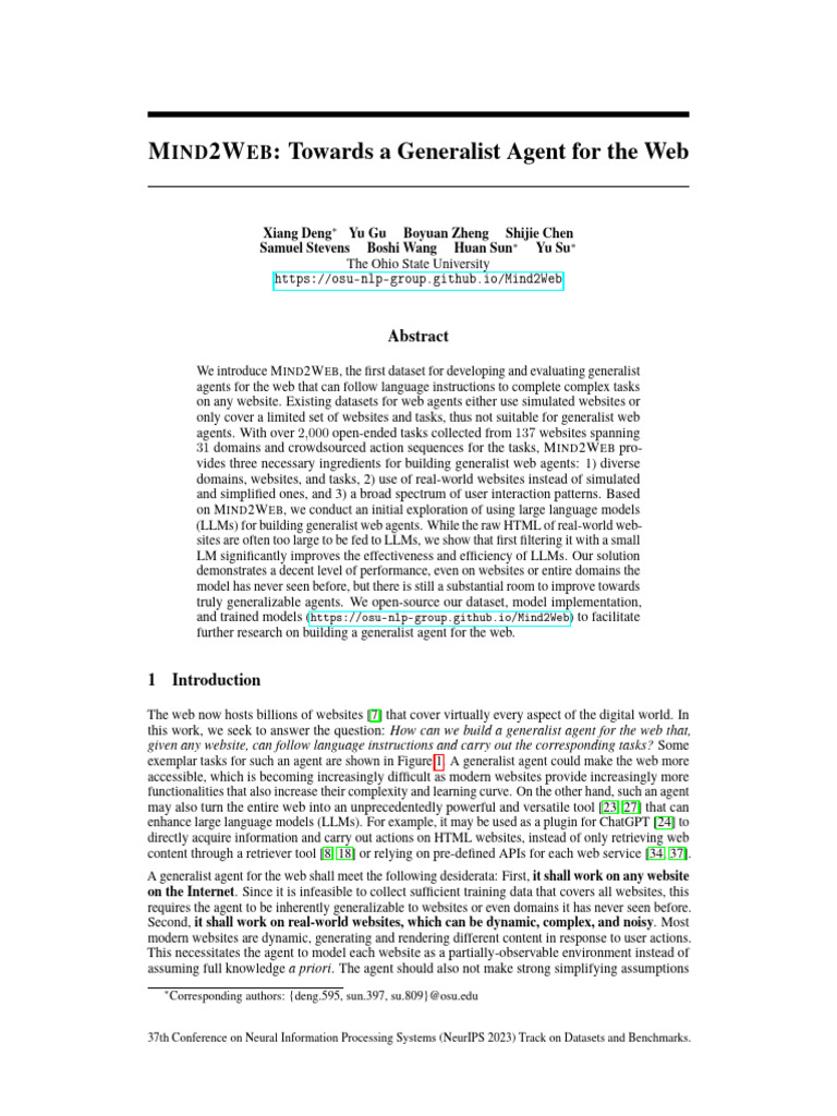 NeurIPS 2023 Mind2web Towards A Generalist Agent For The Web Paper Datasets and Benchmarks | PDF ...