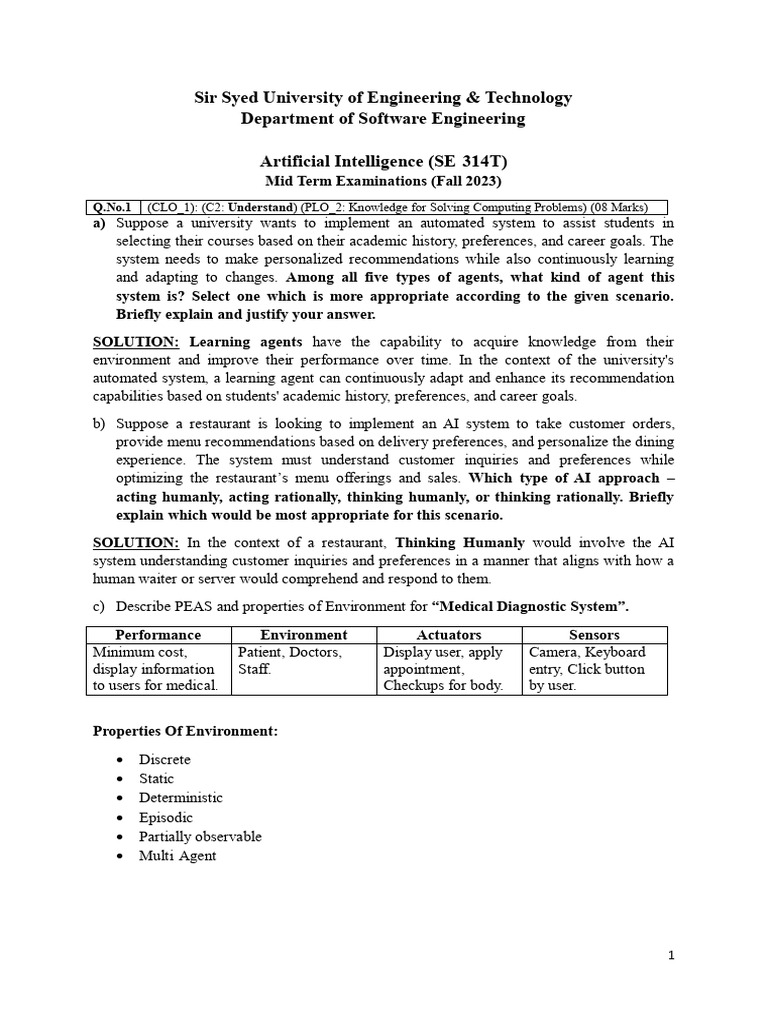 AI Midterm Paper Solution | PDF | Artificial Intelligence | Intelligence (AI) & Semantics