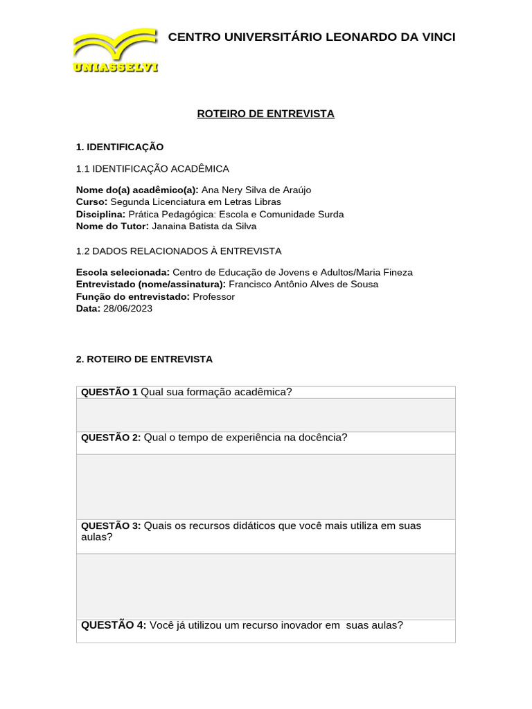 Roteiro Da Entrevista Semi Estruturada | PDF