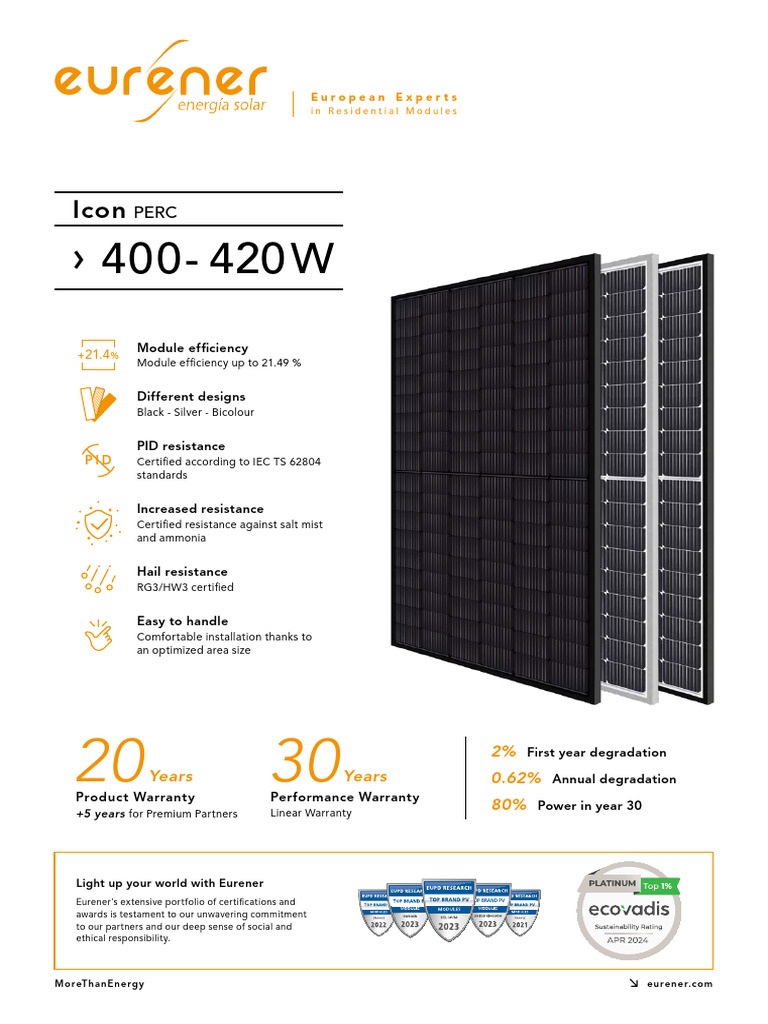 Eurener 400-420W Module Efficiency | PDF | Photovoltaics | Electrical ...