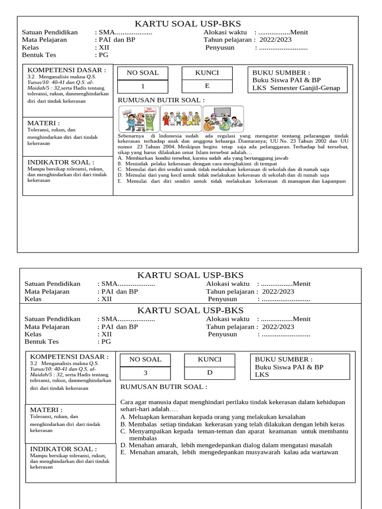 Kartu Soal Pai Usp-Bks 2023 | PDF