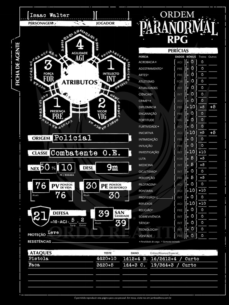 Ficha Isaac Walter - Ordem Paranormal RPG | PDF