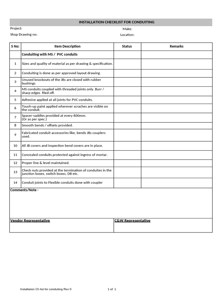 Installation Checklist For Conduiting | PDF