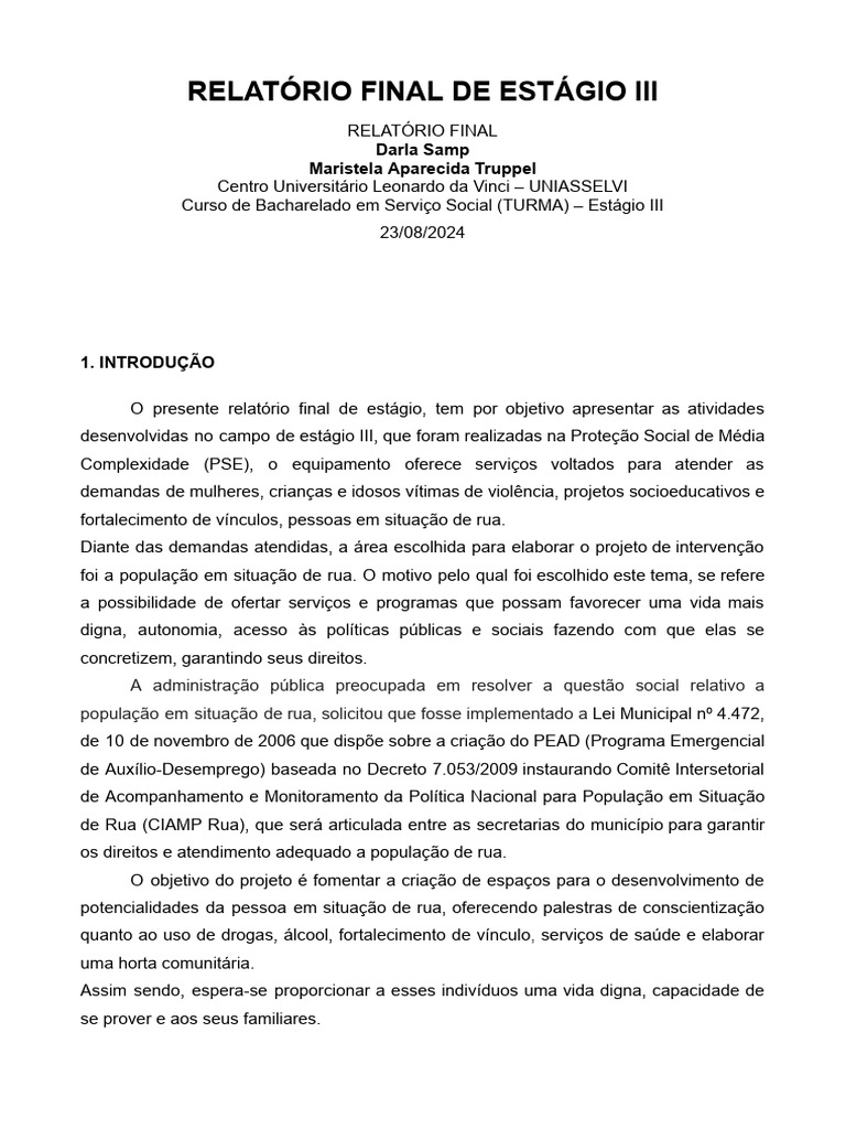 Relatorio Final de Estágio III .docx - Documentos Google | PDF