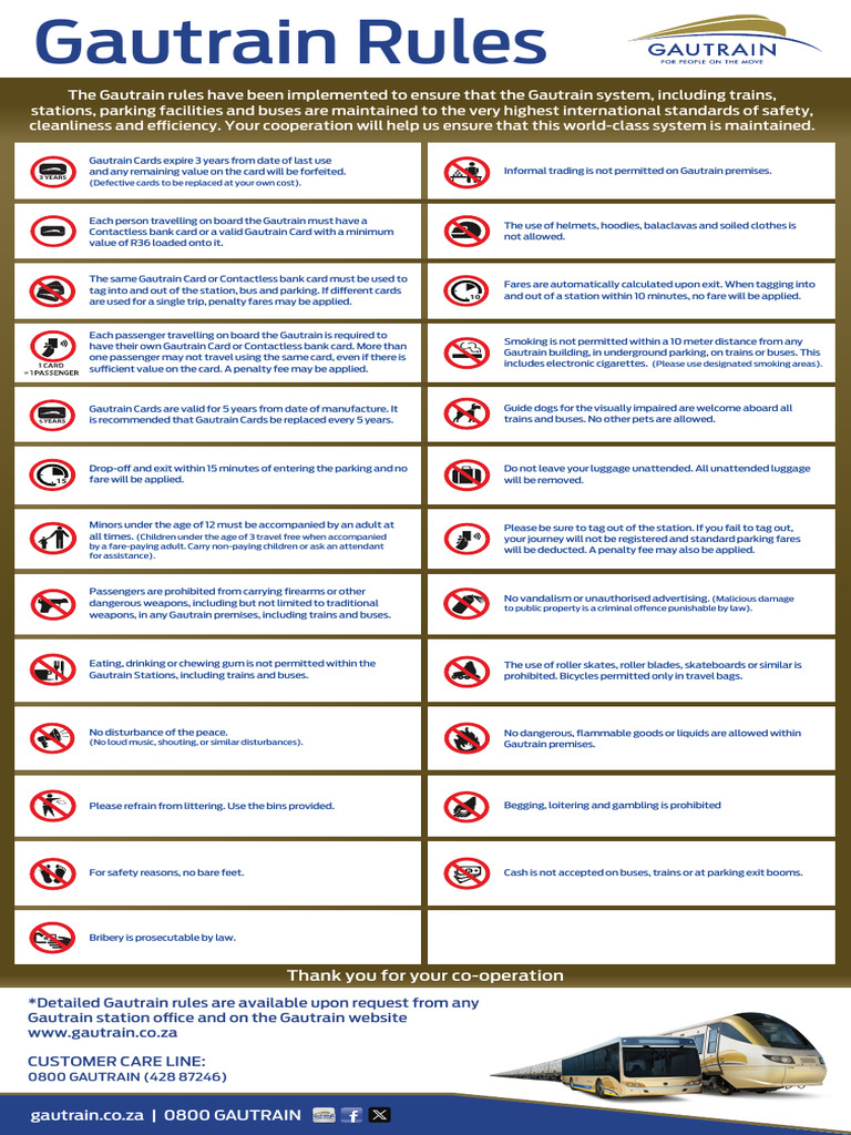 GAUTRAIN RULES POSTER - Final | PDF | Fare | Public Transport