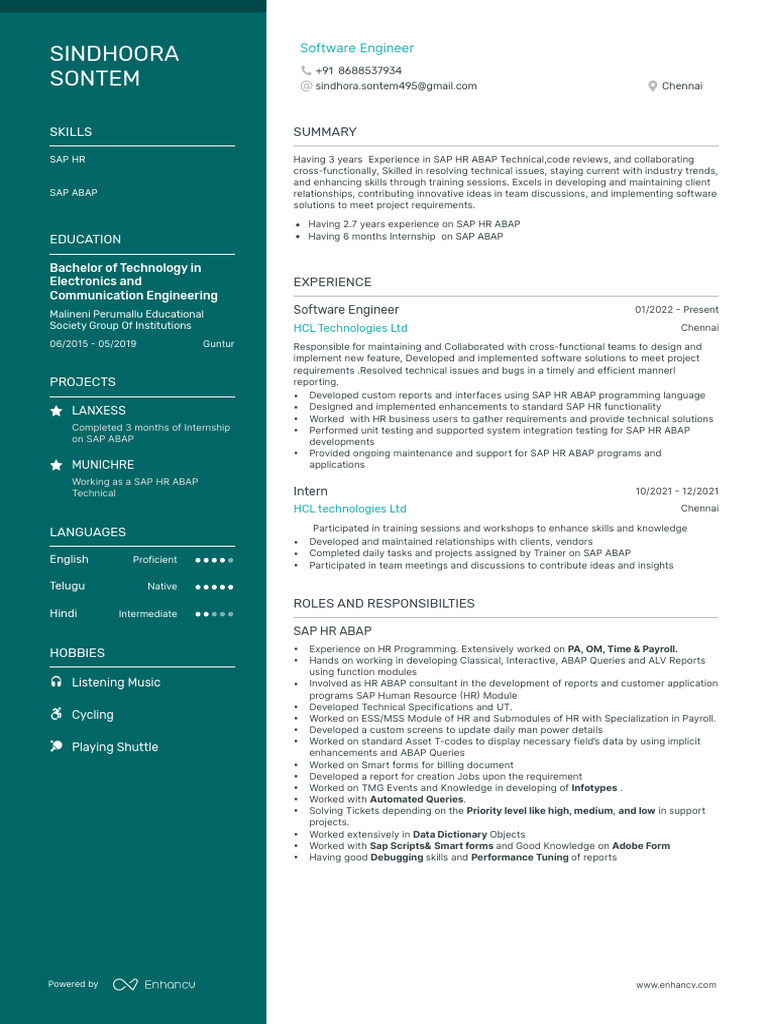 SAP HR ABAP Software Engineer Resume | PDF | Software | Software Engineering