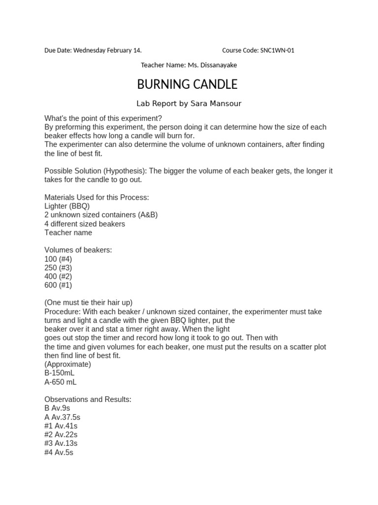 Burning Candle Lab Report | PDF | Candle