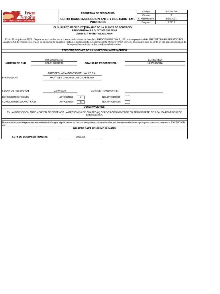 Re-Dp-10 Certificado Inspeccion Ante y Post Mortem - Goloso | PDF | Medicina | Cuidado de la salud