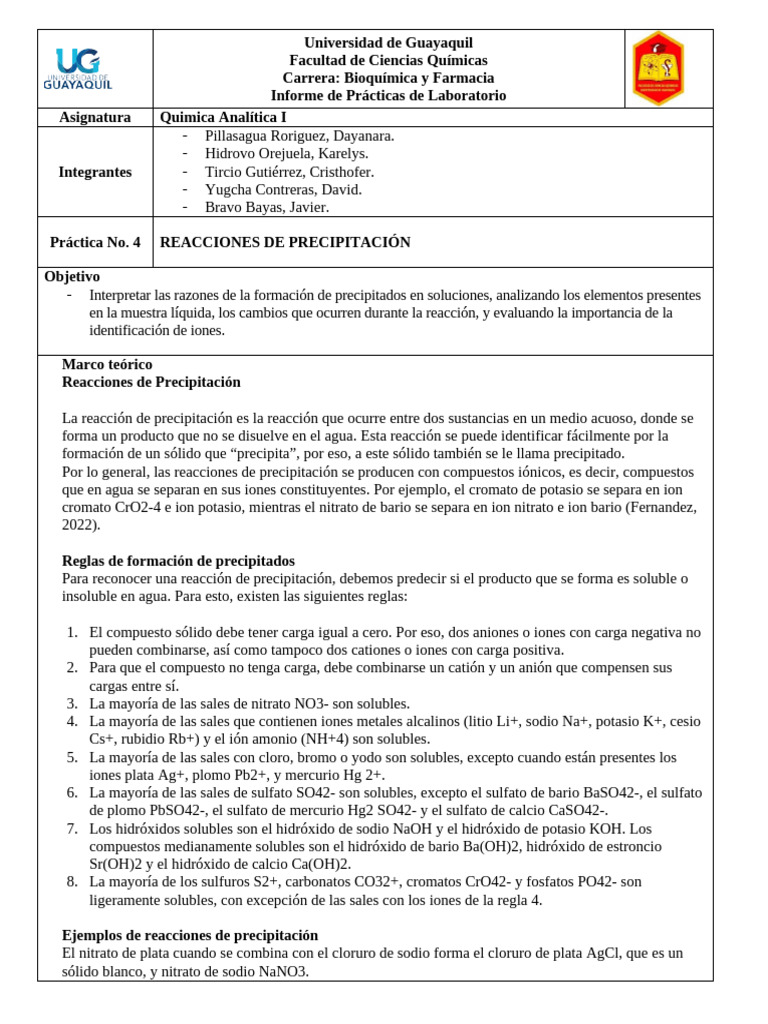 Inf 4 - Precipitados | PDF | Precipitación (Química) | Sal (química)