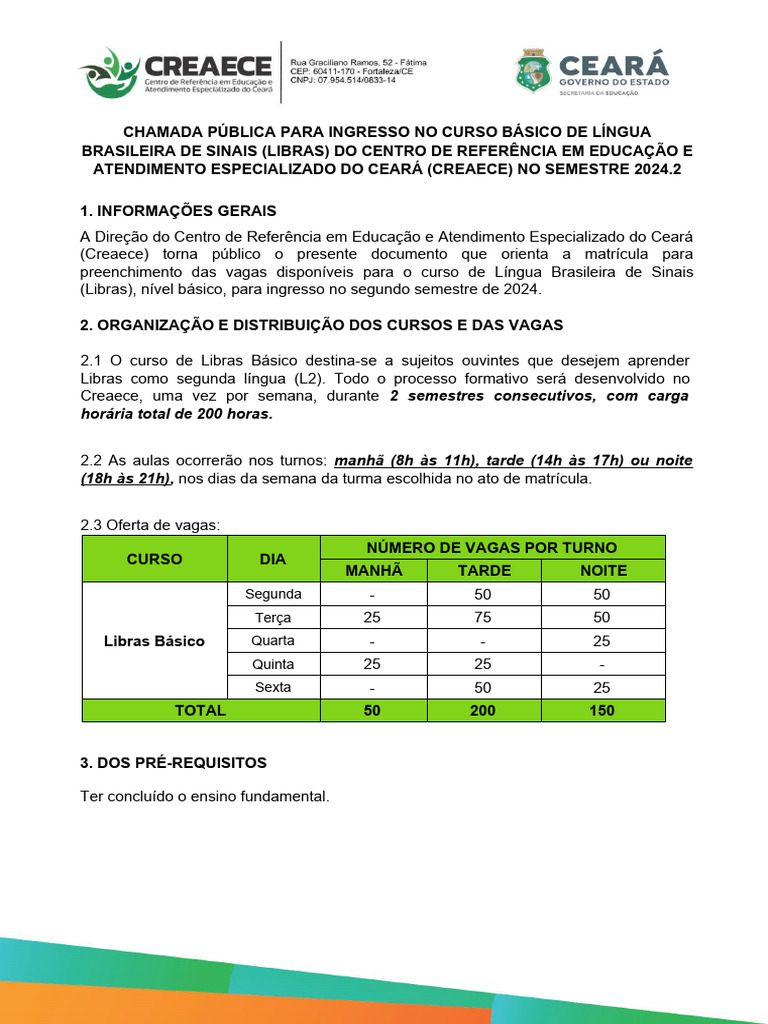 Matrícula Curso Básico de Libras 2024.2 | PDF