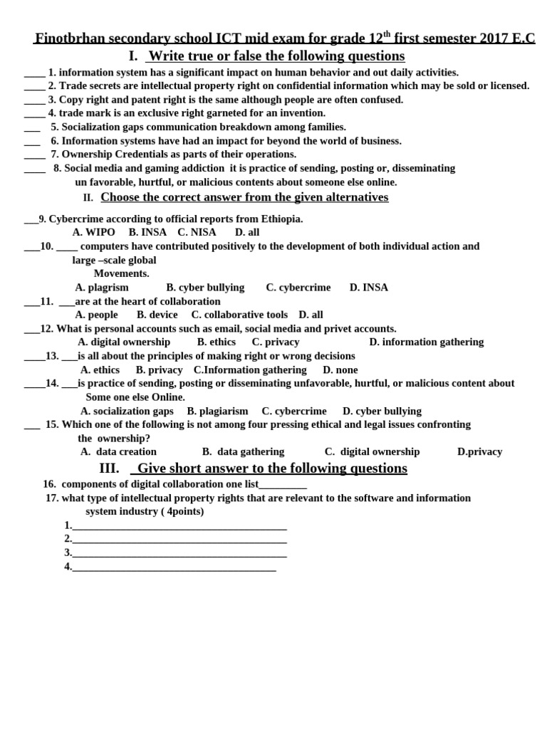 Grade 12 ICT Mid Exam 2017 E.C. | PDF | Intellectual Property | Privacy
