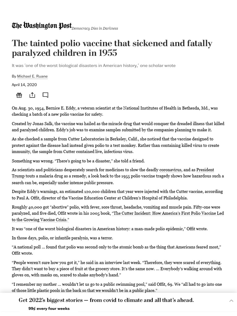 Tainted Cutter Polio Vaccine Killed and Paralyzed Children in 1955 - The Washington Post | PDF ...