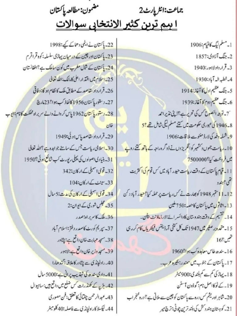 Pak - Study 2nd Year Guess Paper 2022 | PDF