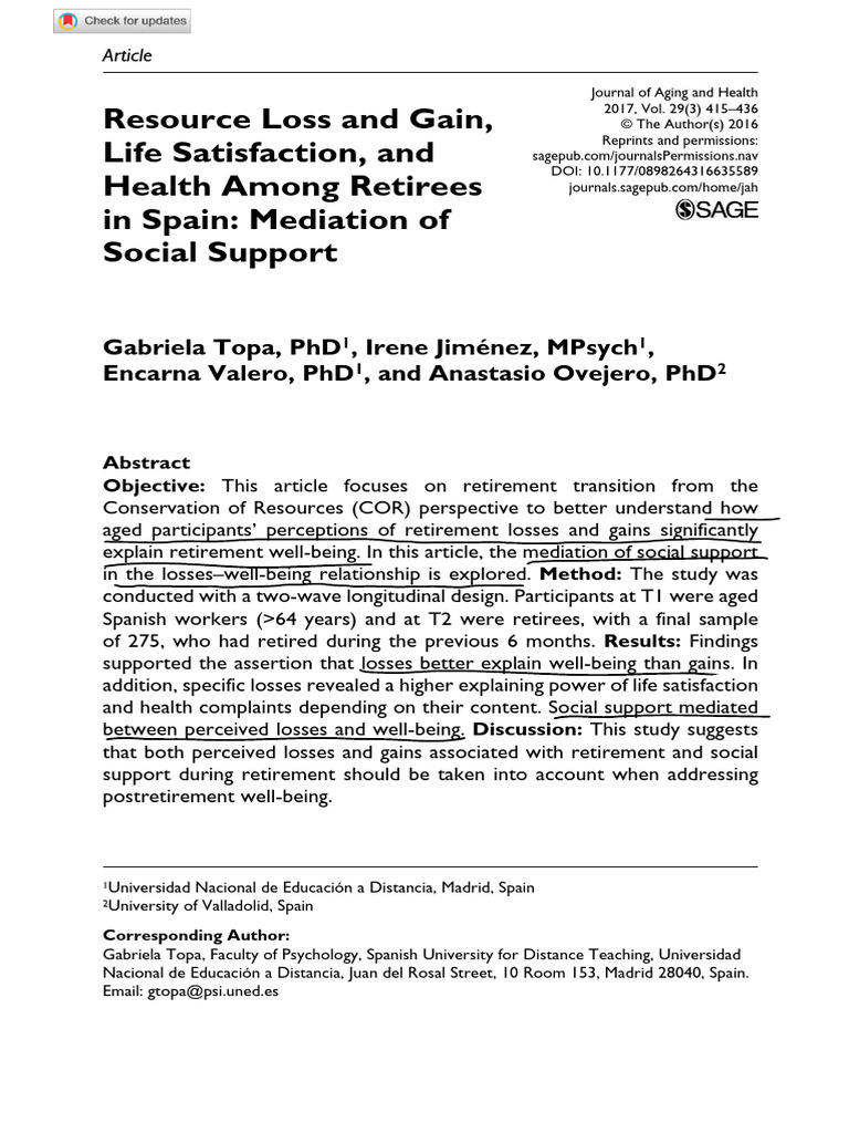Topa Et Al 2016 Resource Loss and Gain Life Satisfaction and Health ...