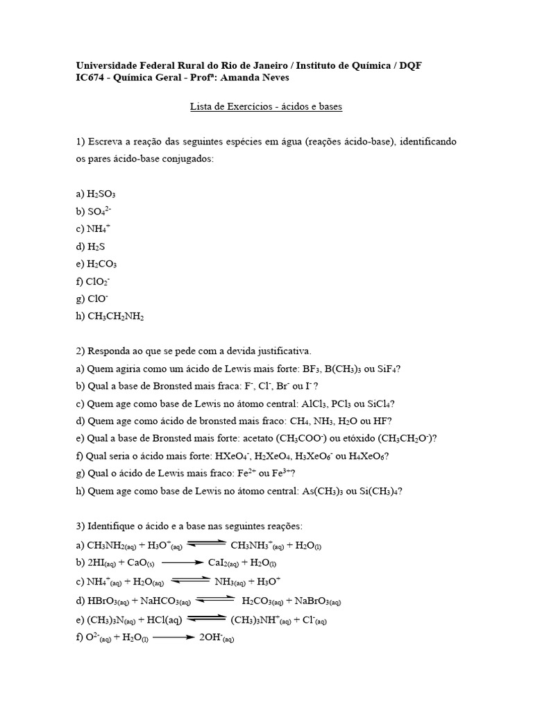 Lista de Exerccios Cidos e Bases | PDF