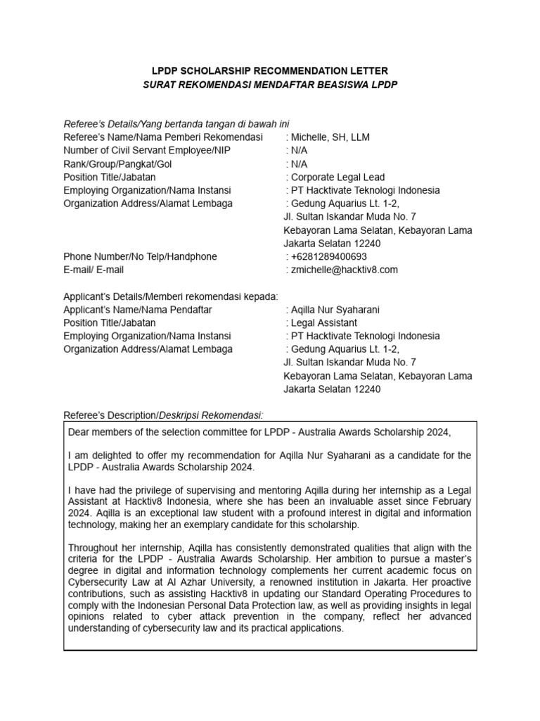 LPDP X Aas Recommendation Letter Aqilla Nur Syaharani | PDF