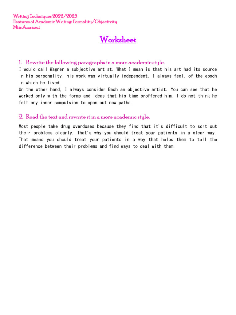 Formality-Objectivity Worksheet | PDF
