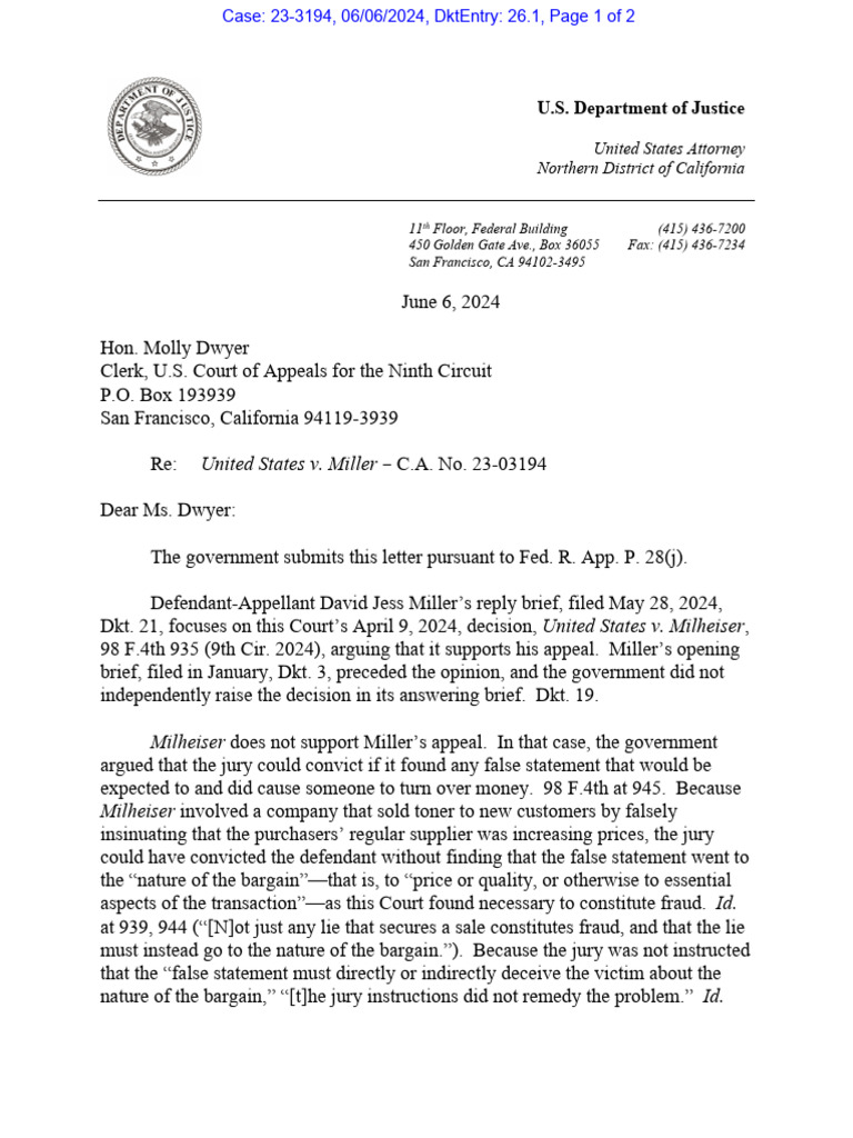DOJ Letter on United States v. Miller Appeal | PDF | United States ...