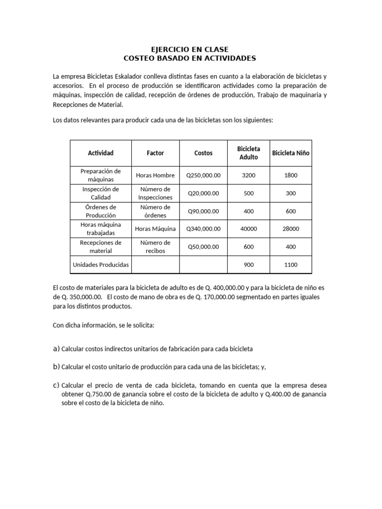 Ejercicio en clase Costeo basado en actividades 310824 | PDF